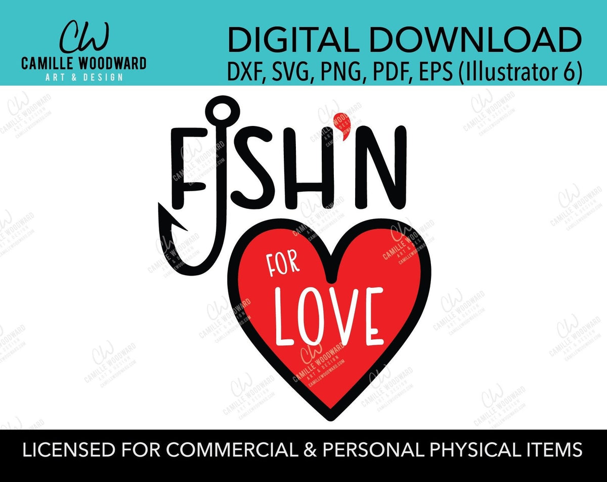 SVG Valentine Fish'n for Love Heart, Fish Hook, Red Black, PNG - Subli ...